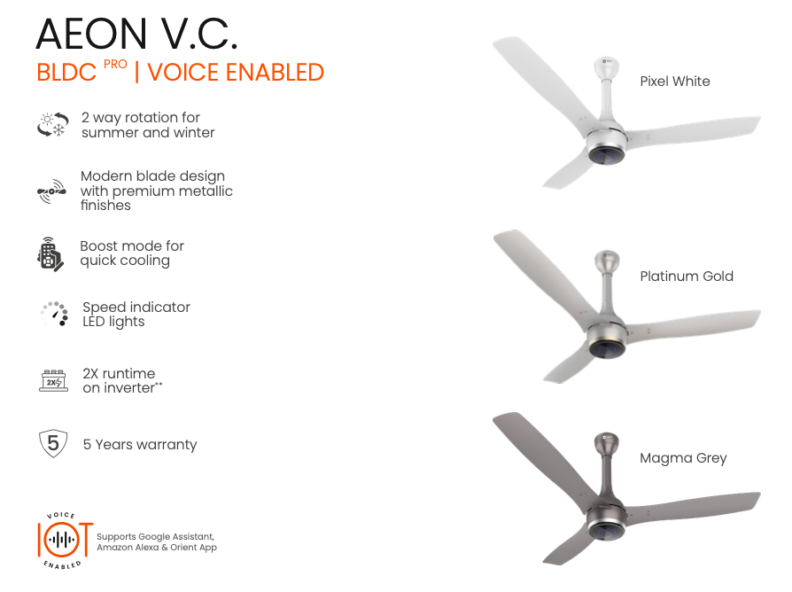 AEON V C Voice enabled BLDC fans from ORIENT, integrated with google ...
